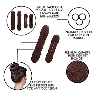 Styla Hair Magic Bun Maker (2 Small, 2 Large) Foam Sponge Bun Shaper Hair Accessories (Brunette)
