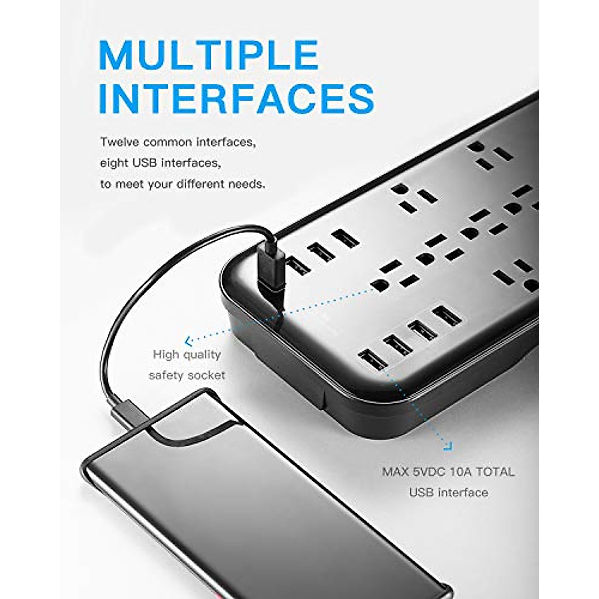 KMC 12-Outlet Surge Protector Power Strip with 8 USB Charging Ports (5V/10A), 4500J,6-Foot Cord