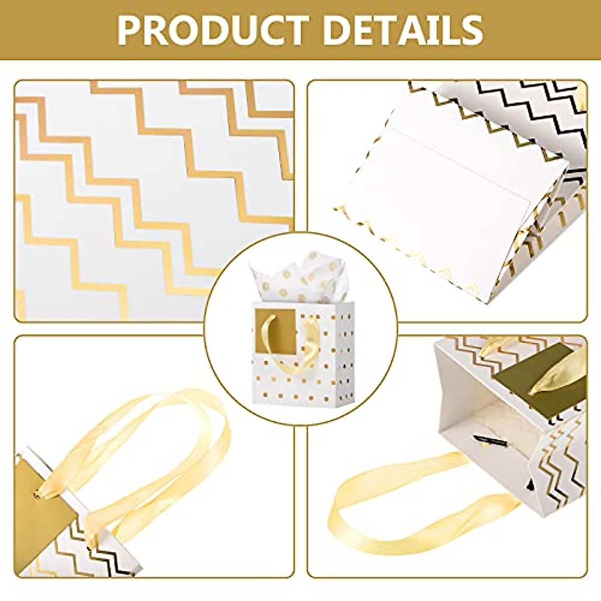 12 Pcs Small Gift Bags Mini Metallic Paper Bags with Handle Tag and Tissue, Wrap Bag for Birthday Wedding Christmas Holiday Baby Shower, 4 x 2.8 x 4.5 Inch (White Gold)