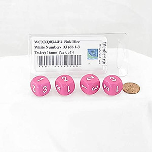 Pink Opaque Dice with White Numbers D3 (d6 1-3 Twice) 16mm (5/8in) Pack of 4 Wondertrail