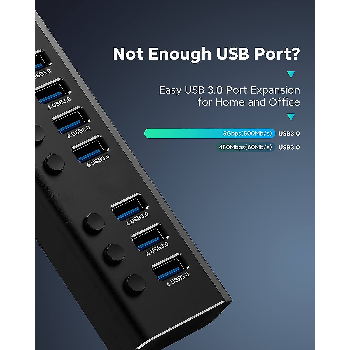 USB Hub 3.0 Powered Rosonway Aluminum 7 Ports USB 3.0 Data Hub Splitter with 24W (12V/2A) Power Adapter and Individual On/Off Switches USB Port Expander for PC and Laptop (RSH-A37S)