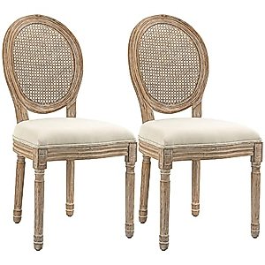 HOMCOM French-Style Upholstered Dining Chair Set, Armless Accent Side Chairs with Rattan Backrest and Linen-Touch Upholstery, Set of 2, Cream White