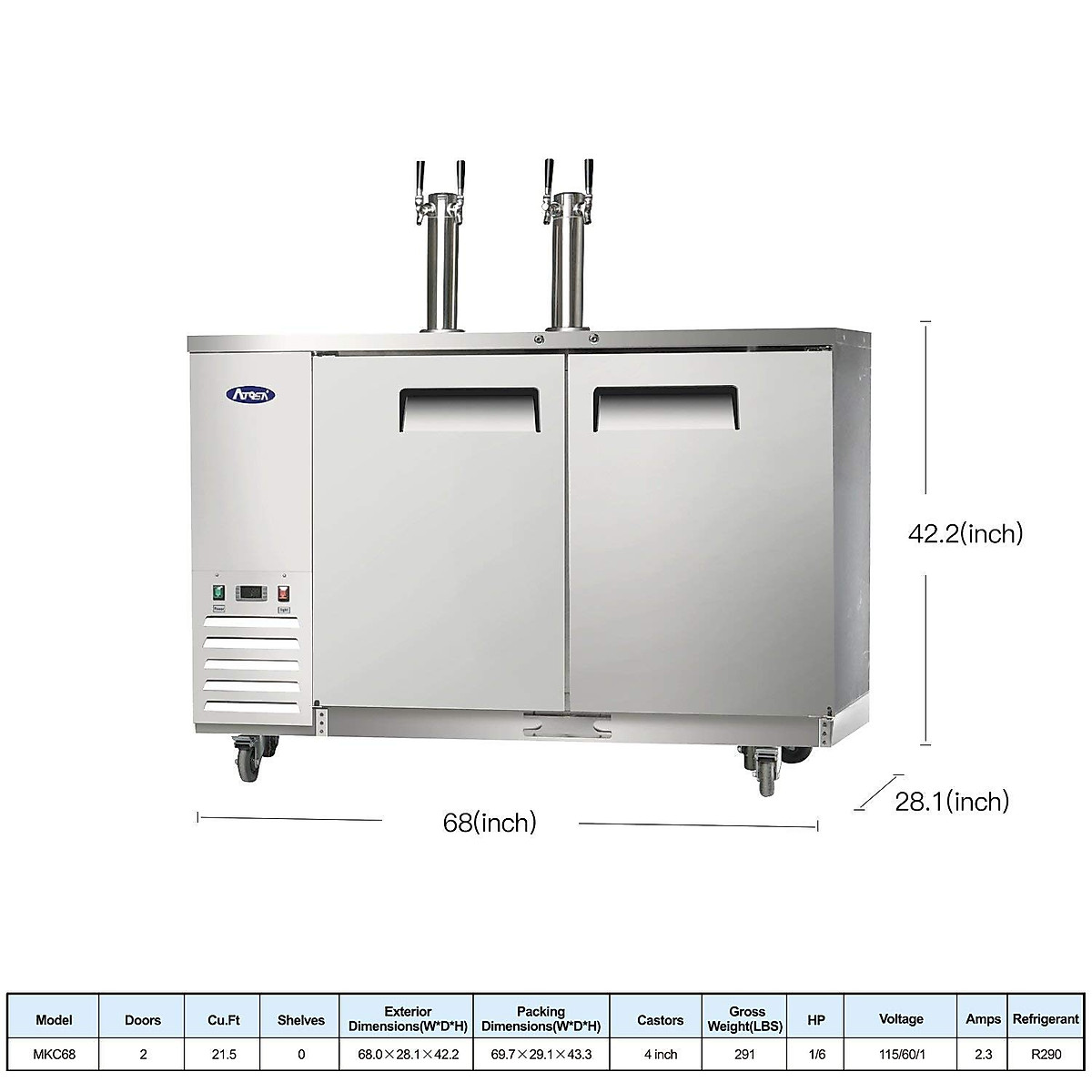 Atosa Beer Keg Cooler Refrigerator with Tap, MKC68 Commercial Kegerator, Double Doors for Bar, 21.5 Cu.Ft. 33?-38?