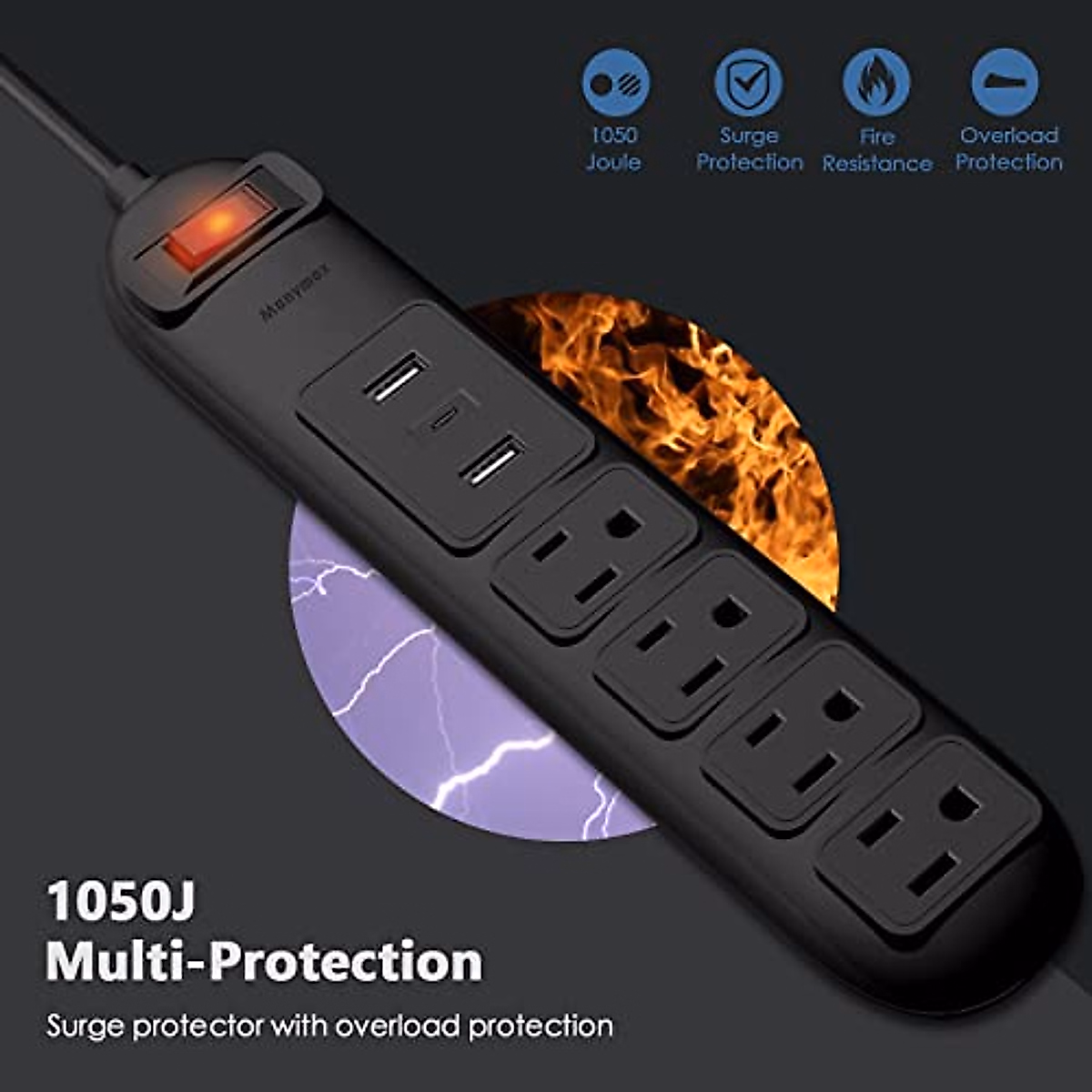 Power Strip with USB C, Manymax Mountable Flat Plug Extension Cord with 4 Widely Spaced Outlets, 3 USB Charging Ports (1 USB C), Wall Mount 6 Feet Extension Cord, for Home Office Hotel-Black (1 Pack)