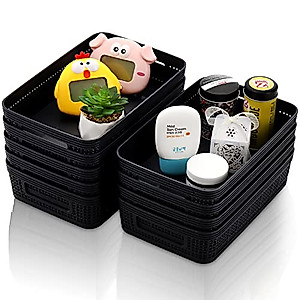 Frcctre 9 Pack Plastic Storage Baskets, Small Plastic Woven Storage Basket with Handles, Stackable Desktop Organizer Bins for Home, Kitchen, Pantry, Office, School, Classroom, 9.75"LX6.4"WX2.4"H