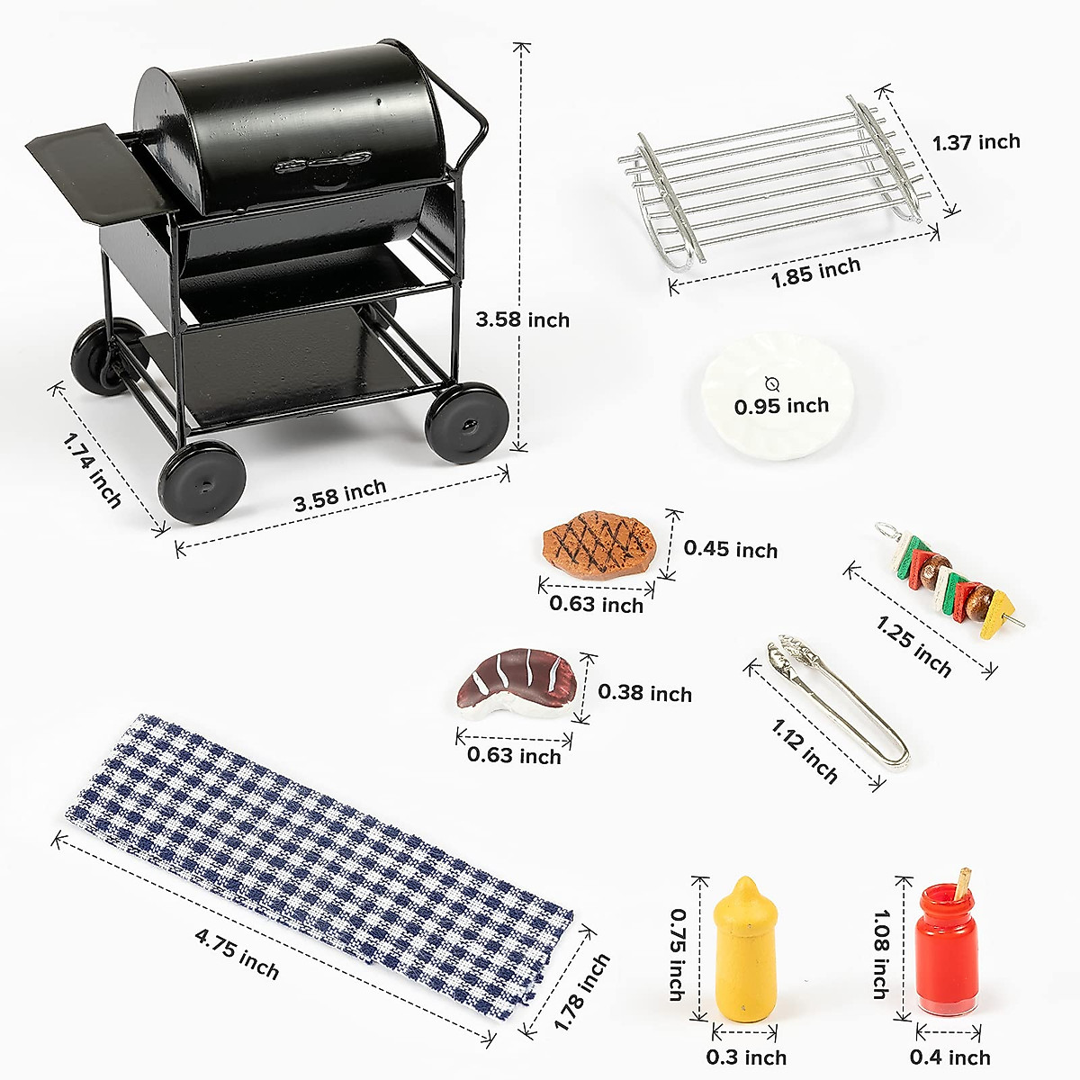 SAMCAMI Dollhouse Furniture Kitchen Grill Set (7 PCS) – Metal Grill, Skewers, Steak and Other Dollhouse Accessories - 1:12 Scale Miniature Dollhouse Decoration (Square Black)