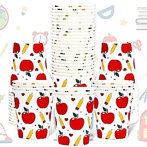 Whaline 50 Pcs Back to School Party Paper Cups 9 oz Pencil Apple Paper Cups Welcome School Coffee Tea Cups Disposable Drinking Cups Small Snack Cups for First Day of School Party Supplies