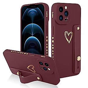 Fiyart Designed for iPhone 12 Pro Max Case with Phone Stand Holder Cute Love Hearts Protective Camera Protection Cover with Wrist Strap for Women Girls for iPhone 12 Pro Max 6.7"-Wine Red