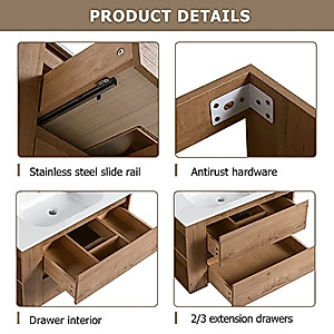 SSLine Wall Mounted Bathroom Vanity with Sink Modern 30" Floating Bathroom Vanity with Top Basin & Storage Drawers Imitative Oak Wood Hanging Bath Cabinet w/Gel Sink and Shelves for Small Space