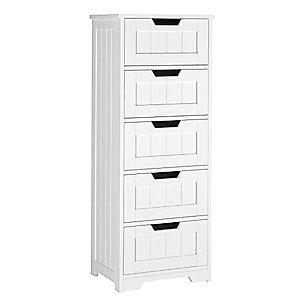 TTVIEW Bathroom Floor Cabinet with 5 Drawer Dresser, with Avoid-Tipping Device, White, Freestanding Side Tall Storage Cabinet Narrow Drawers for Small Spaces