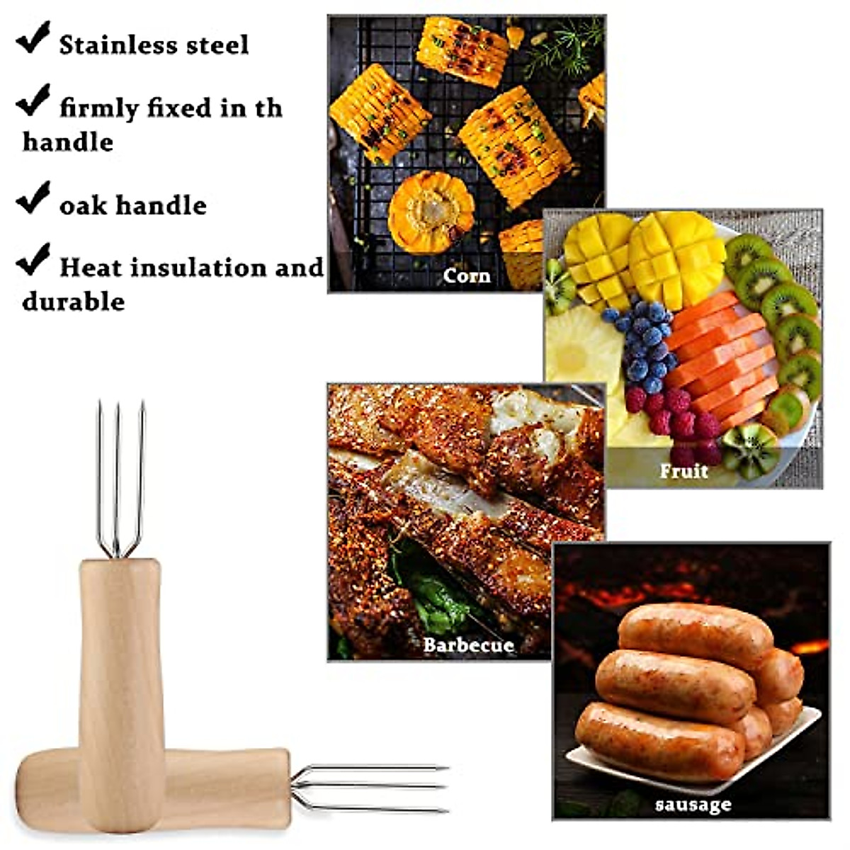 Corn On The Cob Holders Set of 12 Stainless Steel Corn Cob Holders with Wooden Handle Cob Skewers Corn Forks for BBQ Sweetcorn Roasted Meat Fruit (12)