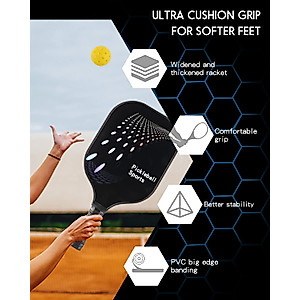 Graphite Pickleball Paddles Set of 4 Pickleball Racquet 6 Pickleball Balls 1 Bag 4 Replacement Soft Grip, Polypropylene Honeycomb Core Lightweight Indoor/Outdoor Pickle Ball Equipment for Men Women