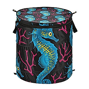 Seahorse Pink Coral Pop Up Laundry Hamper With Lid Foldable Laundry Basket With Handles Collapsible Storage Basket Clothes Organizer for Kids Room Bedroom