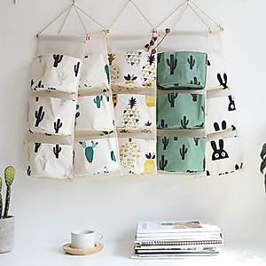 Cactus Pineapple Hanging Storage Bag Cotton Linen Wall Door Closet Wall Storage Organiser with 3 Pockets
