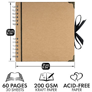 Bstorify Scrapbook Album 60 Pages (8 x 8 inch) Brown Thick 200gsm Kraft Paper, Scrap Book with Corner Protectors, Ribbon Closure - Ideal for Your Scrapbooking Albums, Art & Craft Projects