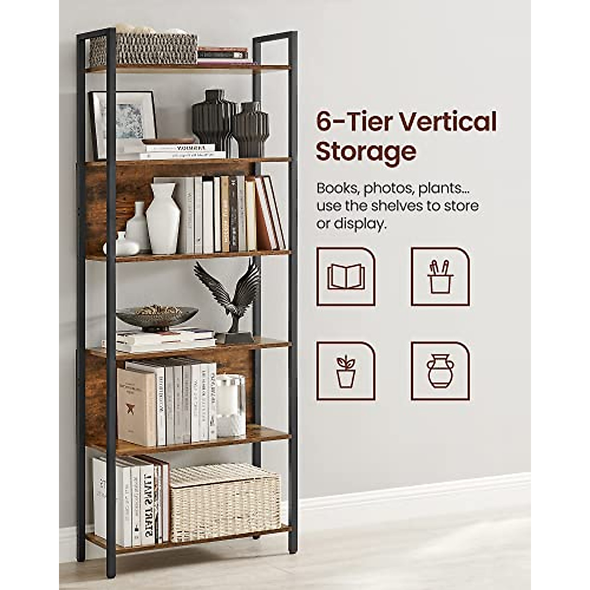 VASAGLE ALINRU 6-Tier Bookshelf, Tall Storage Shelves, Shelving Unit with Steel Frame, for Living Room, Entryway, Hallway, Office, Industrial Style, Rustic Brown and Black ULLS113B01