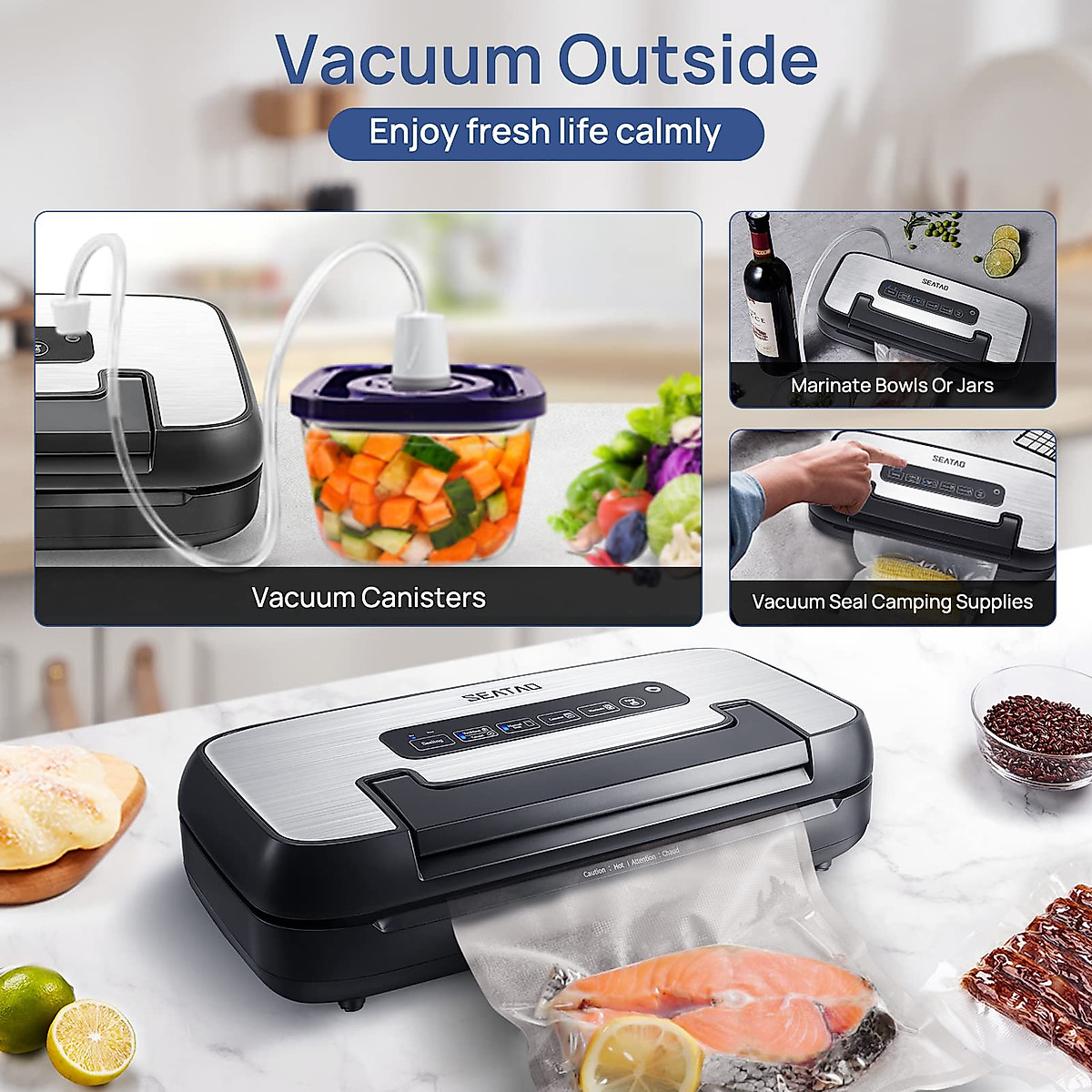 SEATAO Vacuum Sealer Machine, 80Kpa Food Vacuum Sealer Machine Preservation Dry/Moist Modes, Handle Locked Design, Built-in Cutter and Bag Storage, Starter Kit