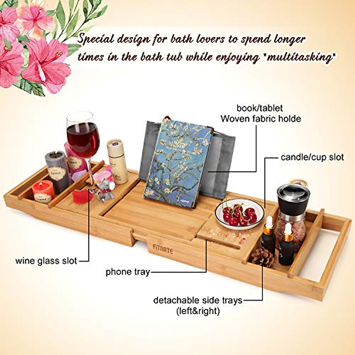 FITNATE Luxury Bathtub Tray, Wooden Bathtub Tray with Extendable Sizes, Adjustable, Non-Slip & Durable, Bathtub Tray Caddy with Wooden Body Brush for Luxury Bath or Reading,Distinctive Gift