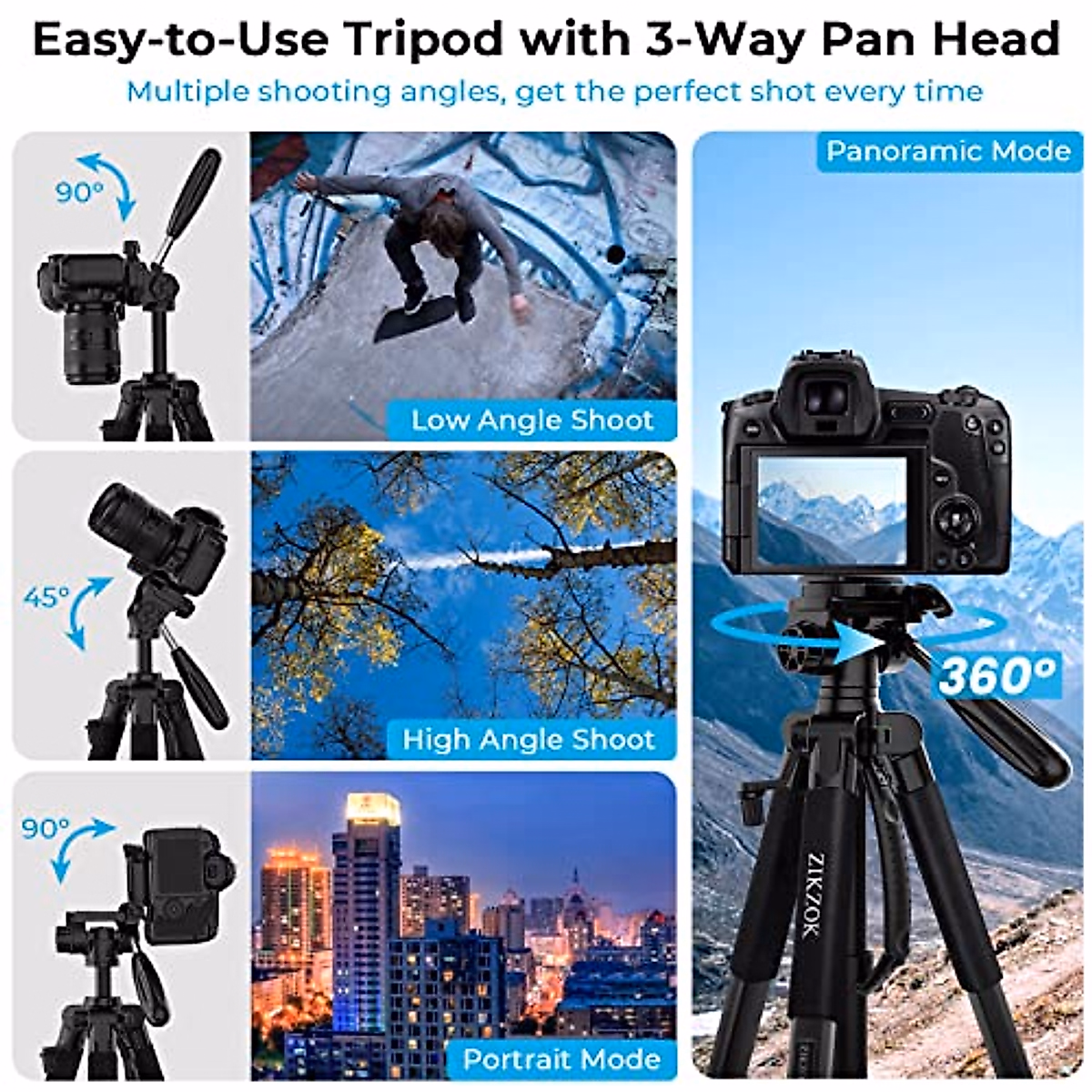 ZIKZOK 75 Inch Camera Tripod, Lightweight Travel Aluminum Cell Phone Video Tripod for DSLR/SLR/DV/GoPro/iPhone with Bag (Weight 2.8Lbs/Load 11Lbs)