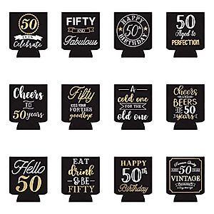 12-Pack 50 and Fabulous Birthday Decorations and Supplies for Women and Men, Black and Gold Insulated Neoprene Can Cooler Sleeve Party Favor for 12 oz Soda, Beer, Beverages (2.5x4 in)