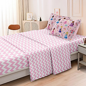 SIRDO Kids Magical Princess Comforter Set Bed in a Bag Twin Size- 5 Piece Soft Cute Castle Bedding Set for Girls (1 Comforter, 1 Flat Sheet, 1 Fitted Sheet, 2 Pillowcases), Pink