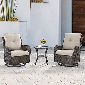 3 Pieces Patio Bistro Set - Outdoor Wicker Rocking Swivel Chairs Set with 2 Swivel Chairs and 1 Glass Top Side Table for Outside Deck Porch Garden(Brown Wicker/Beige Cushion)
