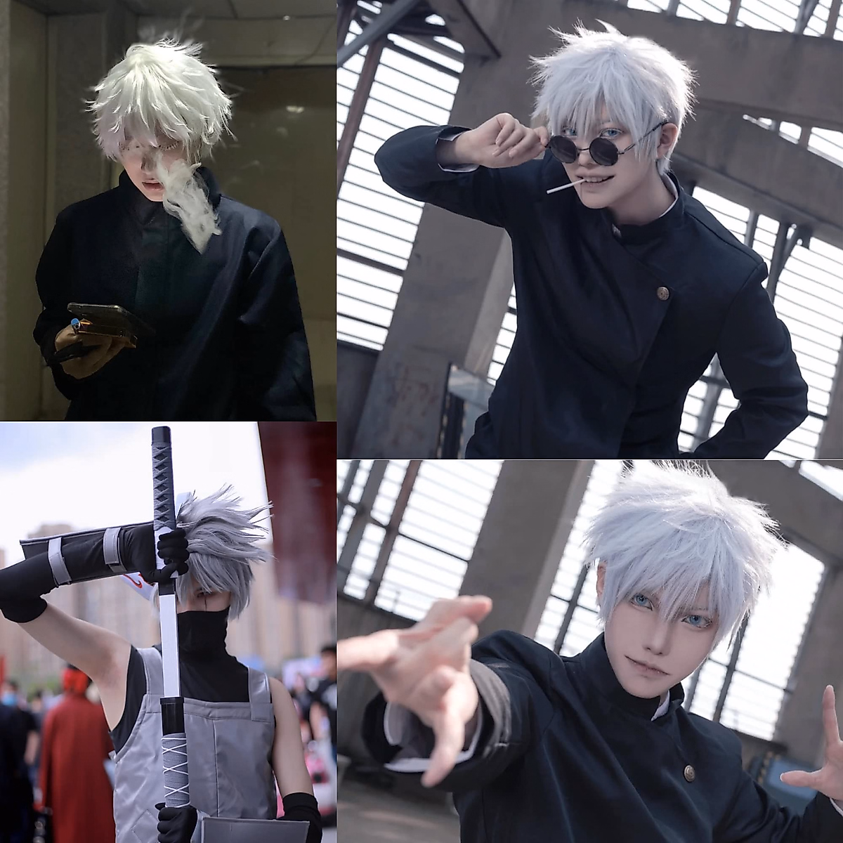 ANOGOL Hair Cap+ Short White Wig for Men Silver White Men's Cosplay Wig Short Silver Mixed White Anime Wigs with Bangs Ivory Hair Straight Fluffy Silvery Halloween Wigs Christmas Party Costume