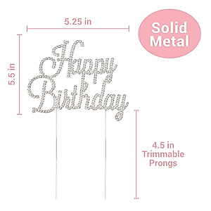 Happy Birthday Cake Topper - Premium Silver Metal - Happy Birthday Party Sparkly Rhinestone Decoration Makes a Great Centerpiece - Now Protected in a Box