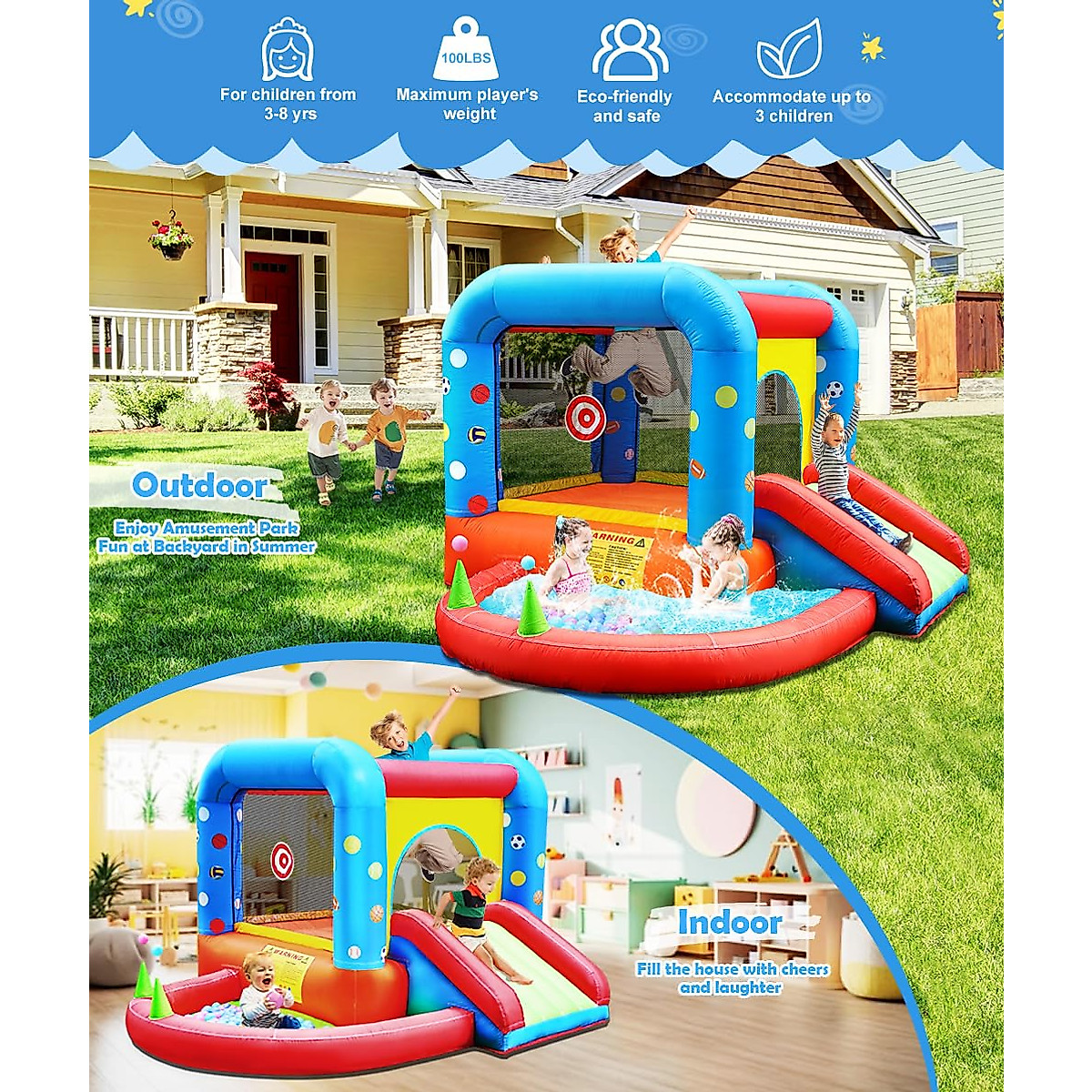 Step4Fun Inflatable Bounce House, Kids Castle Slide Bouncer for Children Jumping Outdoor and Indoor Party, Baby Backyard Water Jumper Toy with Blower, Ball Pit Pool, Ideal Gifts（112 x 98 x 65”）