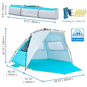 WolfWise 4-5 Person Easy Up Beach Tent UPF 50+ Portable Instant Sun Shelter Canopy Umbrella with Extended Zippered Porch