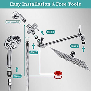 Rain Shower Head with Handheld, Lanhado 8'' High Pressure Rainfall Shower Head with 11'' Extension Arm, 9 Settings Handheld Shower Heads with Holder & Hose, Anti-leak Waterfall Showerhead, Chrome