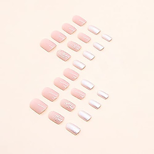 24 Pcs Short Press on Nails Cute Square Fake Nails, Full Cover False Nails with Glitter Design Glossy Stick on Nails Nude Pink Acrylic Nails Short Square Glue on Nails for Women and Girls DIY Manicure