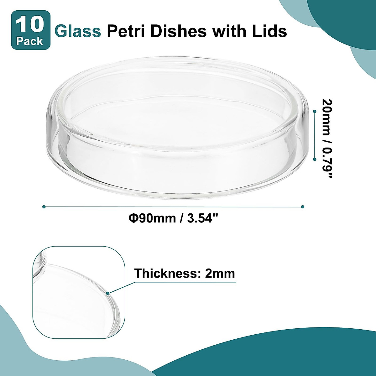PATIKIL 90mm High Borosilicate Glass Petri Dishes with Lids, 10 Pack Petri Plates Tissue Culture Plate for Lab Science Experiment, Clear
