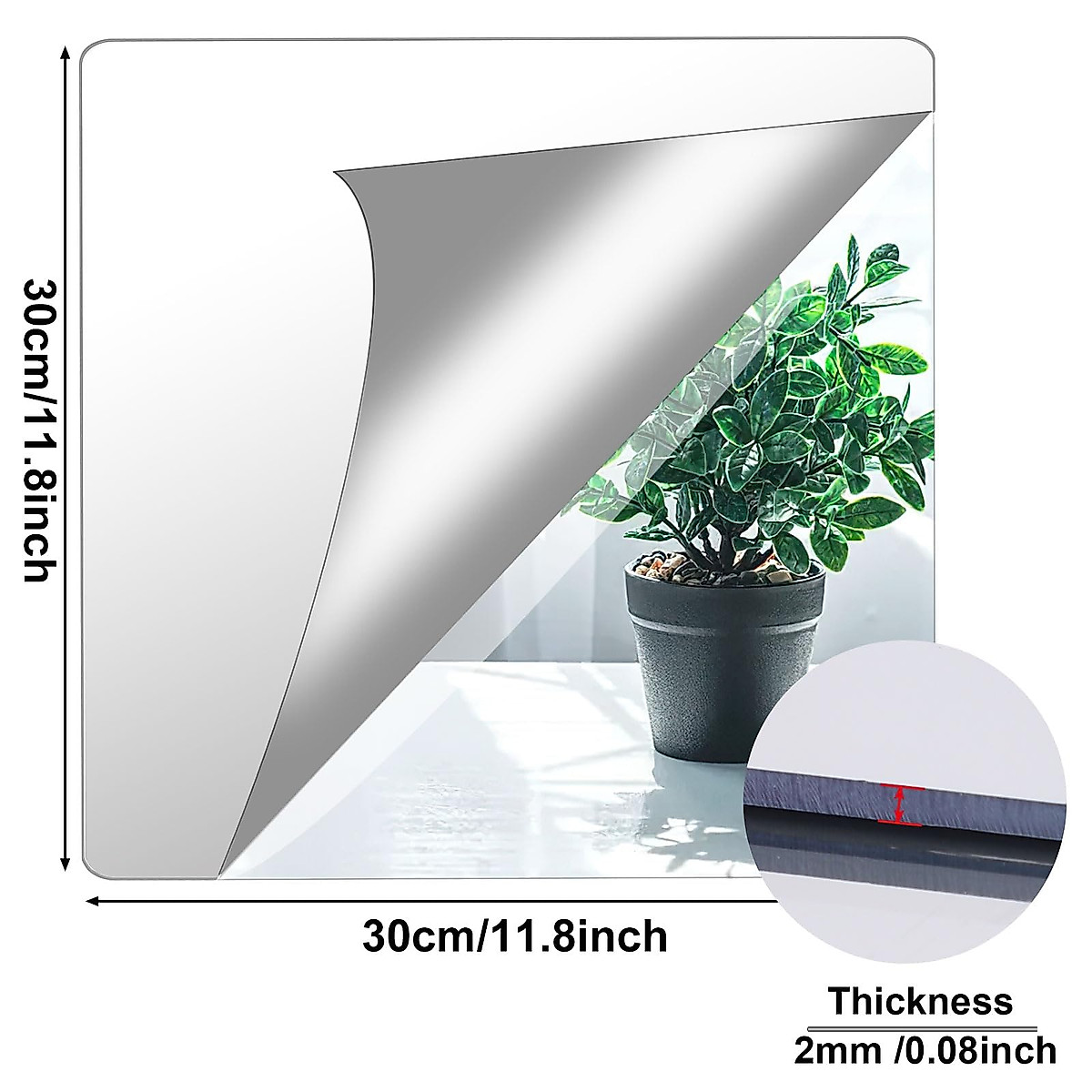 JUNEBRUSHS 4 Pack Self Adhesive Acrylic Mirror, 12X 12 Inch Mirror Tiles,Flexible Plastic Mirror Sheets Wall Stickers,2MM Thick Mirror,Frameless Small Mirror