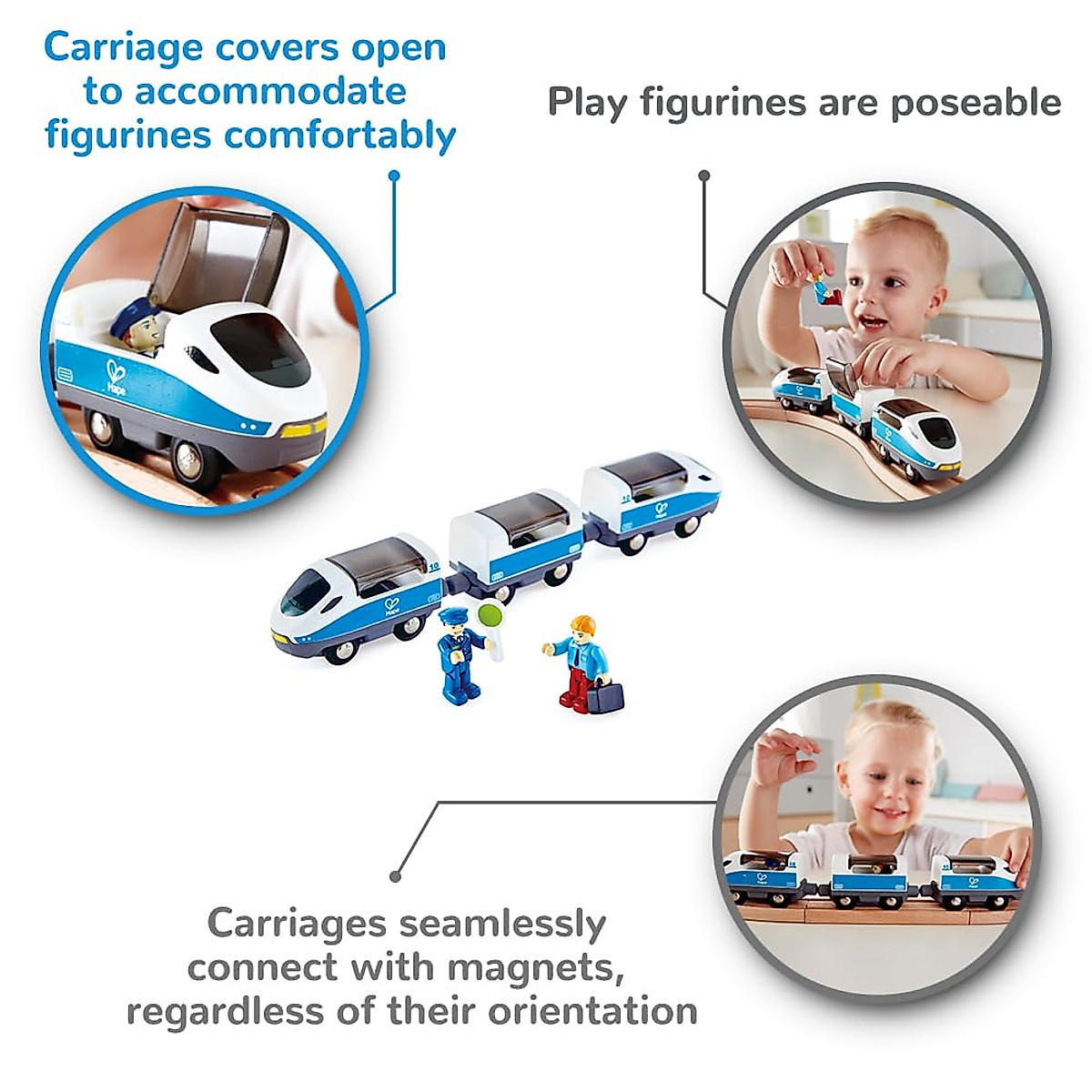 Hape E3728 Intercity Train Toy, Kids Train Toy Set with Accessories, 3 x Open/Close Magnetic Carriages, Passenger and Driver Figurines Included, Multicolor, 10.63" x 1.5" x 1.97", 7 Pack