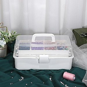 BTSKY 3-Layer Plastic Dividing Storage Box Craft Organizer and Storage with Adjustable Spacers Portable Handled Art Supply Organizer Multipurpose Home Utility Box for Medicine Box Sewing Box Organizer (Beige White)