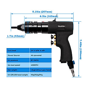 TOJIZEN Pneumatic Rivet Nut Gun Kit - 1/4, 5/16 & 3/8 inch Gun Heads - Air Powered Rivet Nut Tool Set for Rivnut, Threaded Insert, and More - Professional Air Riveter and Riv Nut Tool