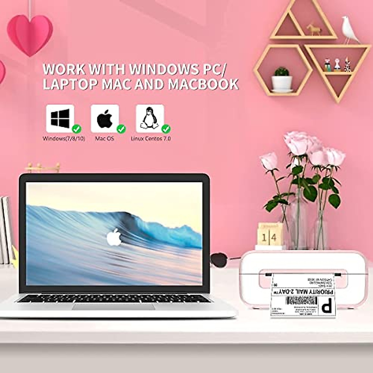 Phomemo Thermal Label Printer, with Label Holder and Pack of 500 4x6 Fan-fold Labels, Pink Direct USB Thermal 4×6 Shipping Label Printer Maker, PM-246s Series