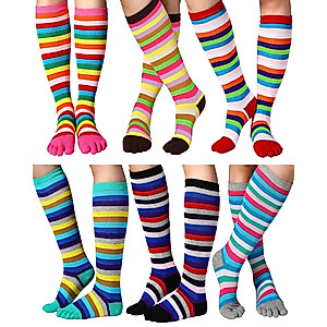 Jeere 6 Pairs Rainbow Toe Socks Women Cotton Knee High Toe Socks With Toes Separated Striped Thigh High Socks Leg Warmers LGBT Pride Long Socks (Black, Grey, Pink, Red, Coffee, Green)