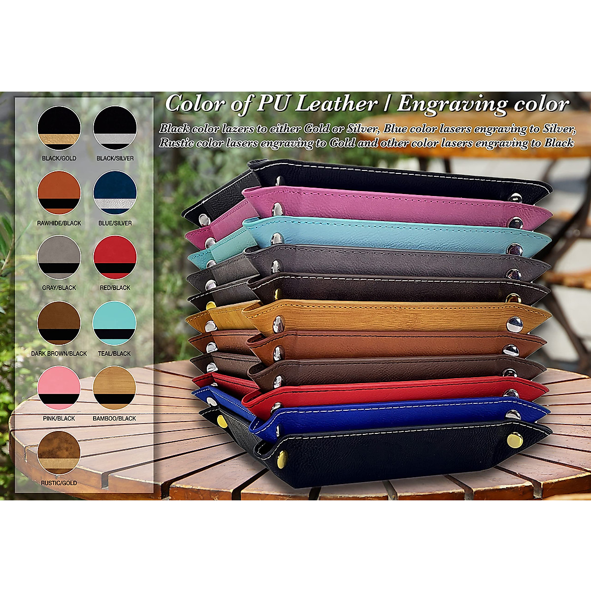 Customized Leather Valet Tray with Snaps Jewelry Key Coin Watch Glasses Tray with Custom Name Text - Wedding Holiday Birthday Corporate Gift (Brown)