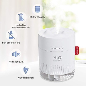 SmartDevil Small Humidifiers, 500ml Desk Humidifiers, Whisper-Quiet Operation, Night Light Function, Two Spray Modes,Auto Shut-Off for Bedroom, Babies Room, Office, Home (White)