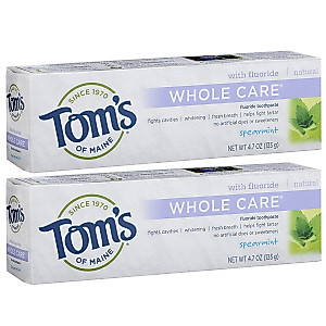 Tom's of Maine Whole Care Fluoride Toothpaste, Natural Toothpaste, Whitening Toothpaste, Spearmint, 4.7 Ounce, 2-Pack