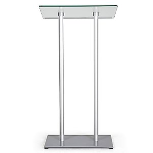 M&T Displays Tempered Clear Glass Conference Podium Stand Silver Aluminum Body and Base 43.9 Inch Height Floor Standing Lectern Pulpit Desk for Classroom Church