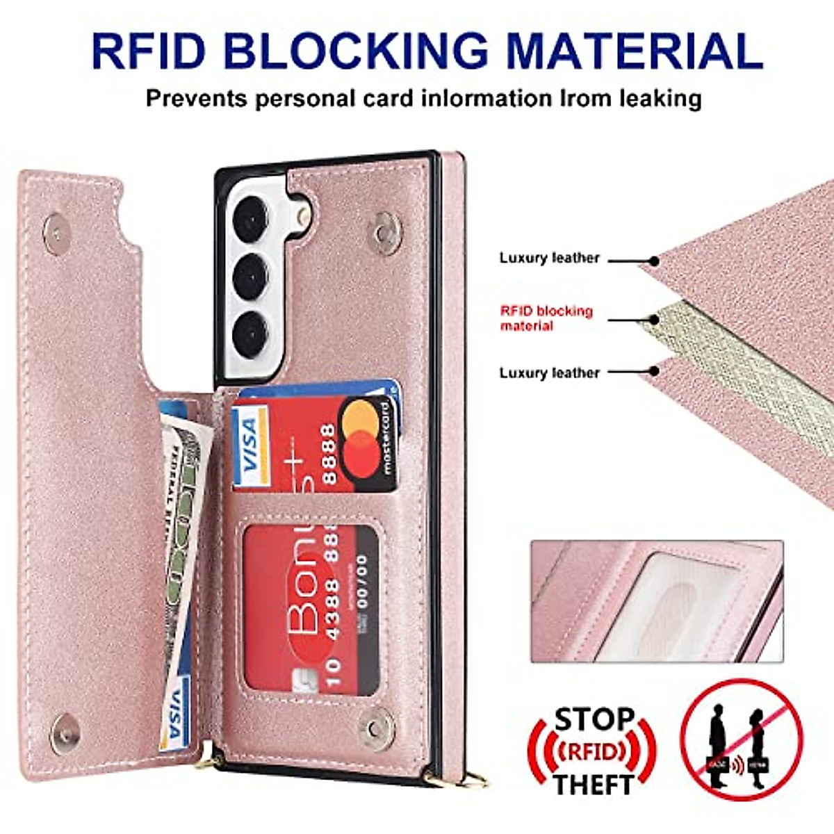 DEFBSC Compatible with Samsung Galaxy S22 Case, Crossbody Wallet Case, Adjustable Detachable Lanyard Neck Strap with Kickstand Leather Card Holder Protective Cover-Rose Gold