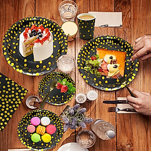 New Years Eve Party Supplies 2025 Christmas Decorations Party Plates Napkins Set Black and Gold Party Supplies 350 Pcs Disposable Paper Plates Napkins Gold Fork Knives Spoon, Serves 50