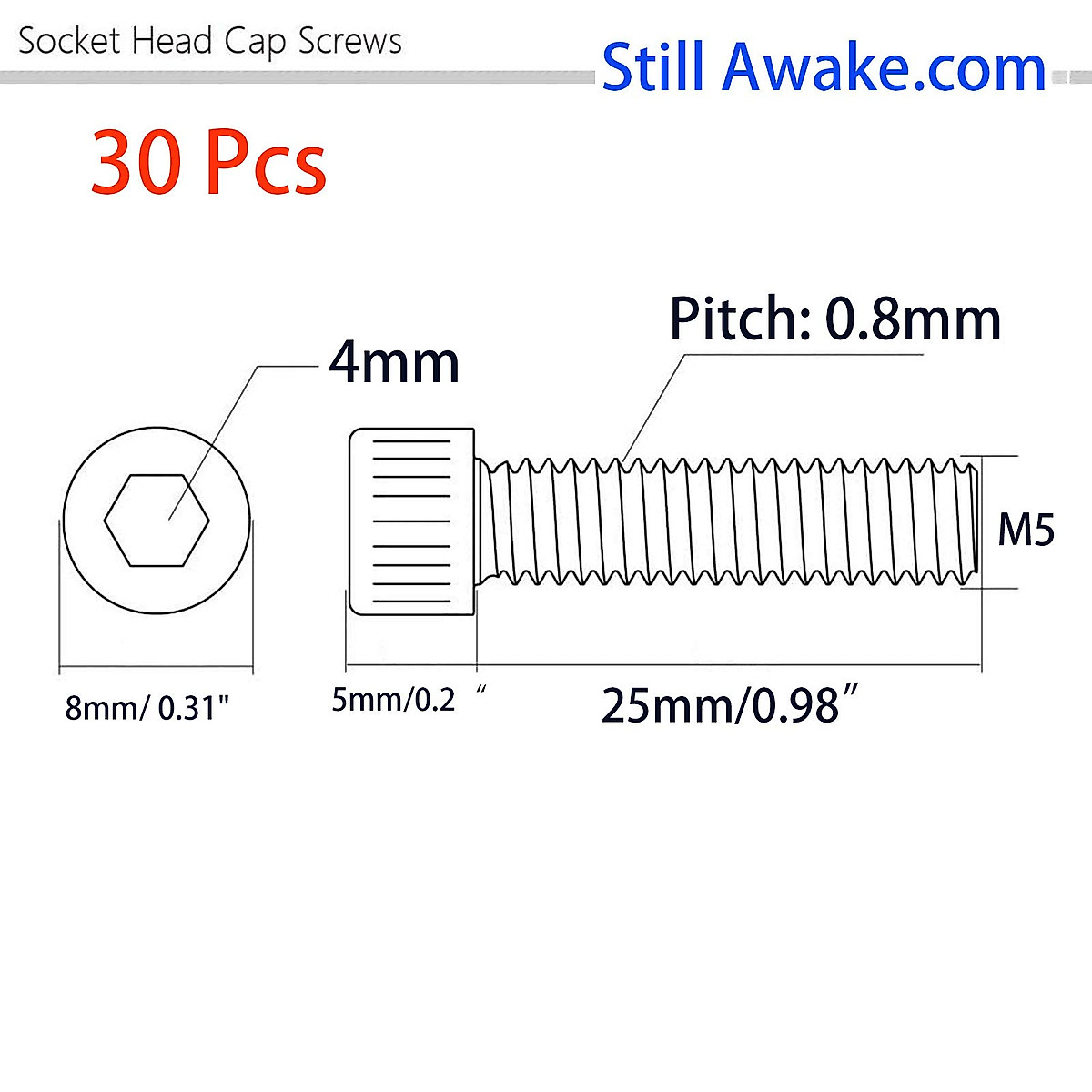 30 Pcs M5-0.8x25mm Stainless Steel Hex Socket Head Cap Screws Bolts Inner Hex Socket Bolt DIN 912
