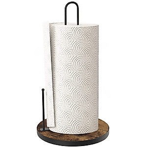 Giikin Paper Towel Holder, Countertop, Stand with Heavy Duty Wood Base, Standing Roll Dispenser Hanger Rack for Kitchen and Bathroom Organization, Rustic Brown