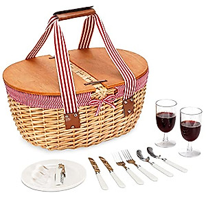 Wicker Picnic Basket Set for 2 with Double Wooden Lids & Handles, Country Style Picnic Hamper with Cutlery Service Kits - Flatware Set, Willow Storage Basket W/Lining for Camping (Red Stripe)