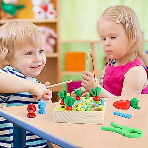 Celarlo Wooden Magnetic Fishing Game, Carrot Harvest Catching Worm Toy, Toddler Fine Motor Skills Toys, Montessori Preschool Learning 3 in 1 Fishing Sorting Toys Gift for Children Kids (Fishing Game)