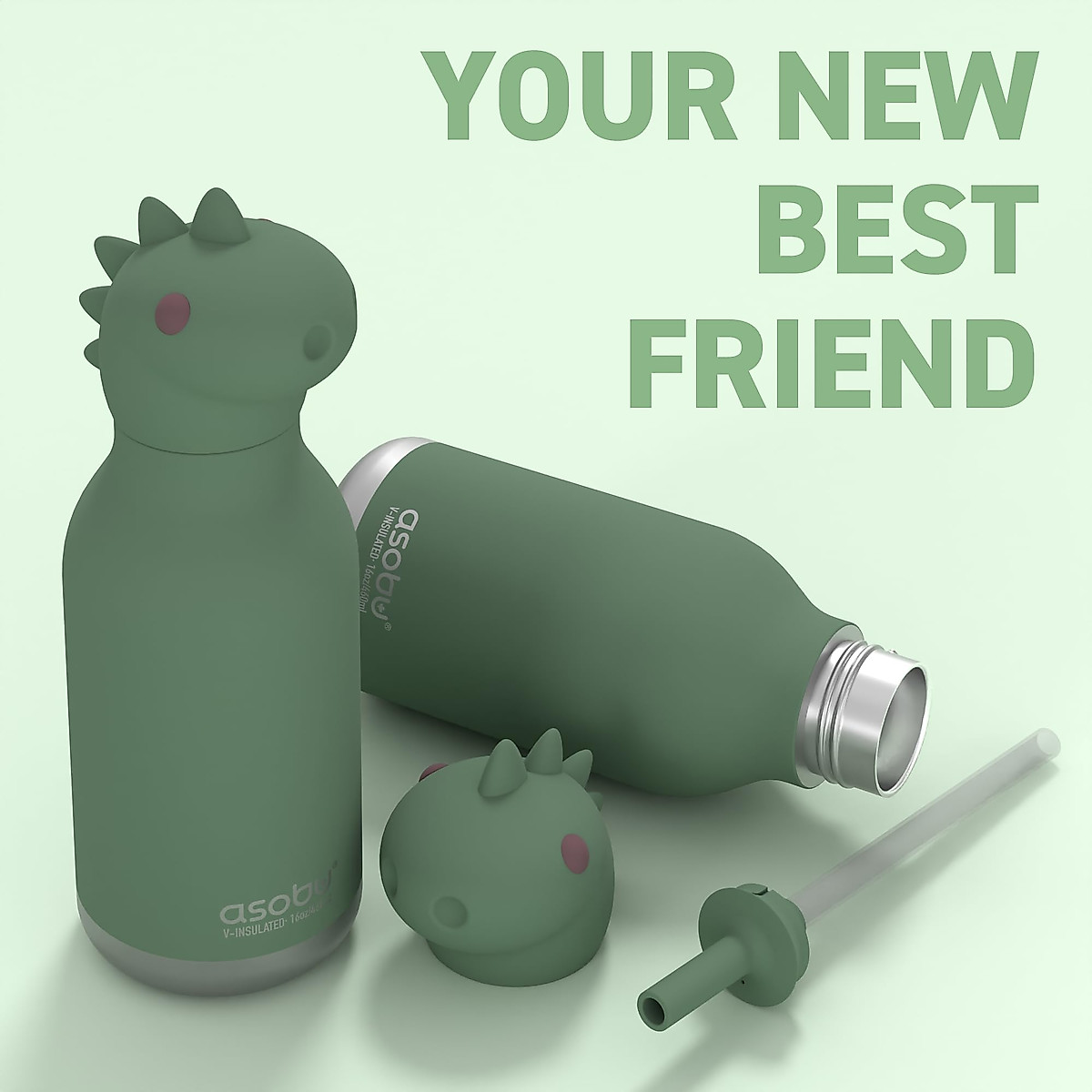 asobu Bestie Bottle Insulated Stainless Steel Water Bottle with Detachable Soft Animal Head Fun Drinking for Kids and Teens with Flexible Reusable Straw 16 Ounce (Dinosaur)